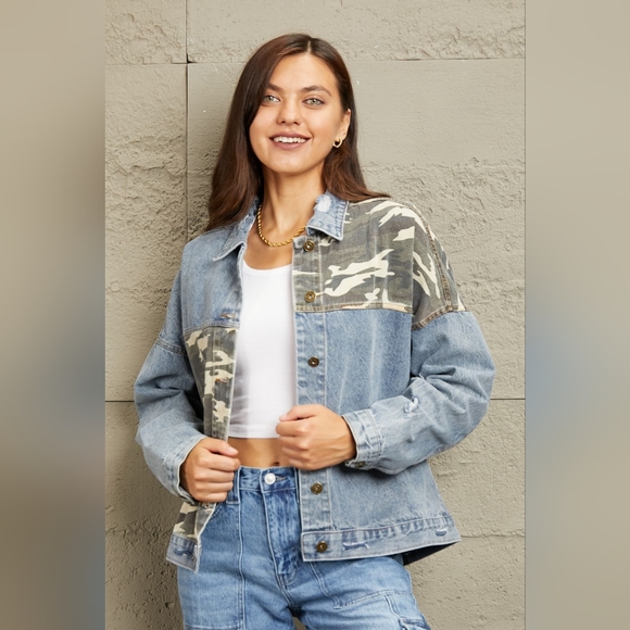 GeeGee | Jackets & Coats | Geegee Full Size Washed Denim Camo Contrast ...